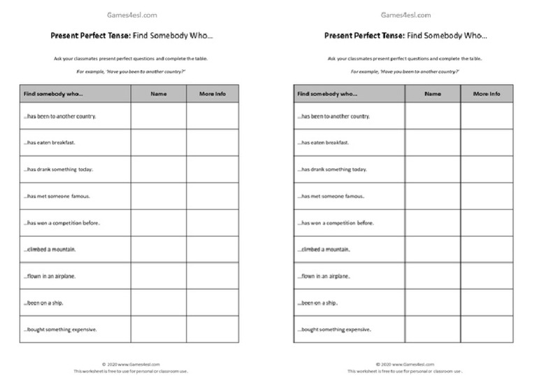 Present Perfect Worksheet Find Somebody Who | PDF