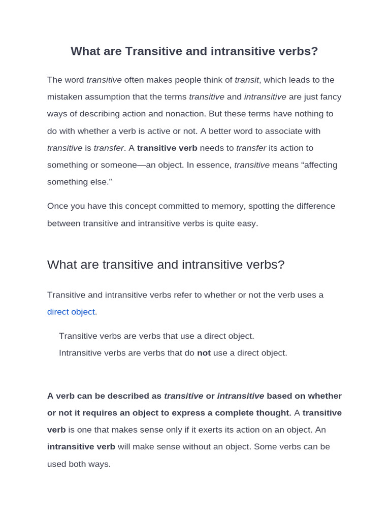 Transitive and Intransitive Verbs - Theory - Practice | PDF