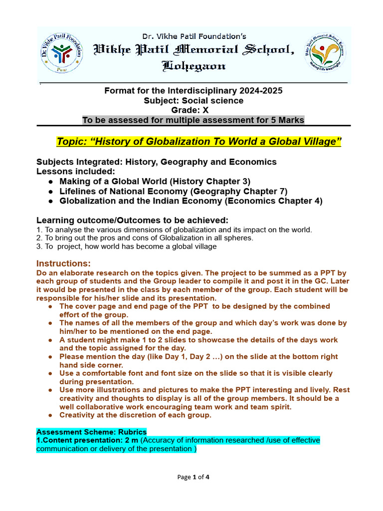 Format For The SST Interdisciplinary Project Std. X 2024-25 | PDF ...