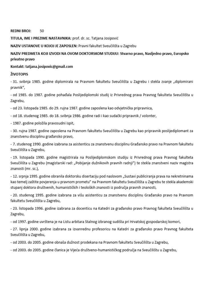 Prof - DR .SC - Tatjana Josipovic Gradjansko Pravo | PDF
