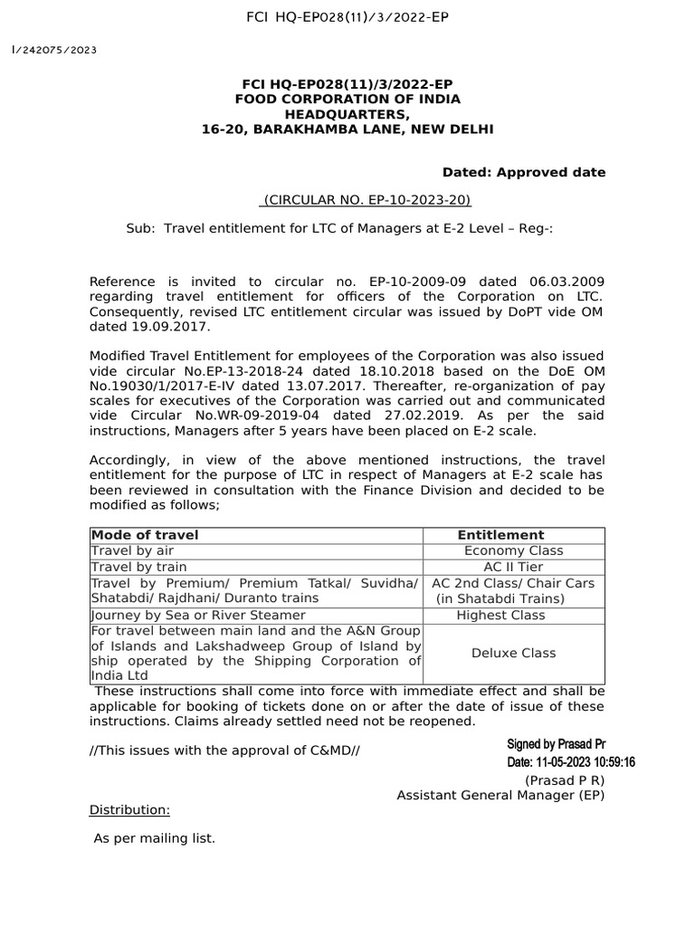 Travel Entitlement For LTC of Manager at E-2Level | PDF | Finance ...