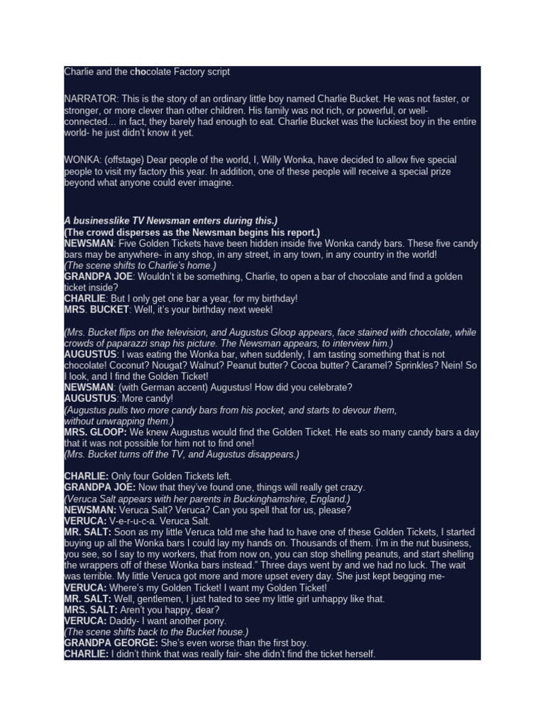 Charlie and The Chocolate Factory Script | PDF