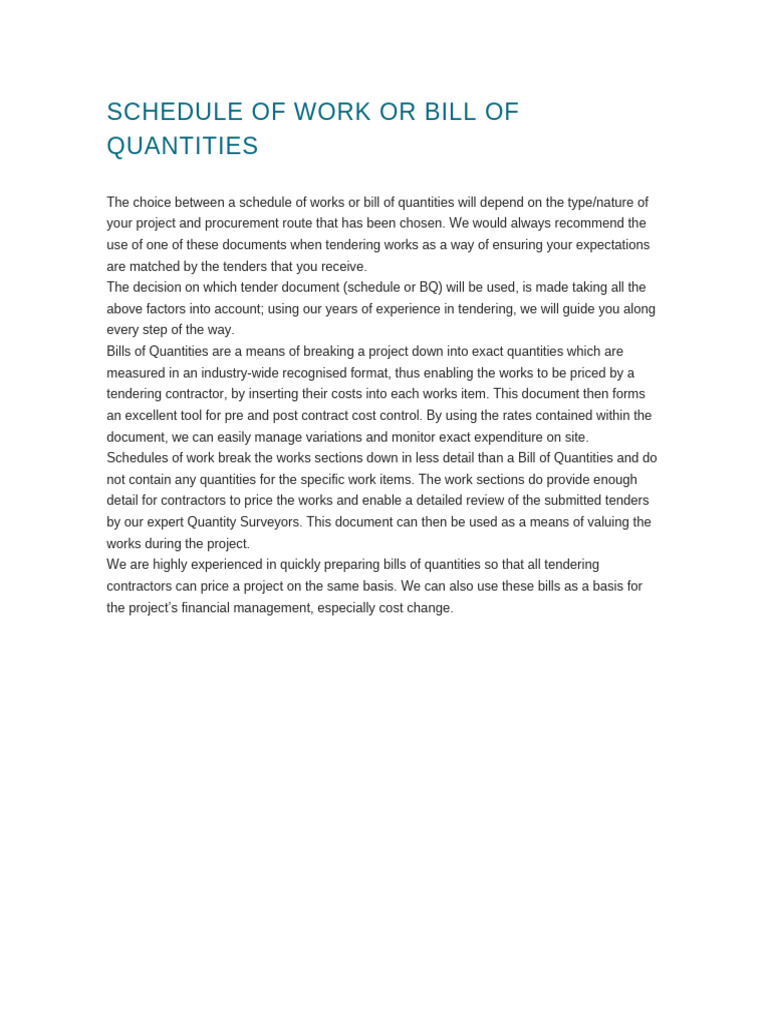 Schedule of Work or Bill of Quantities | PDF