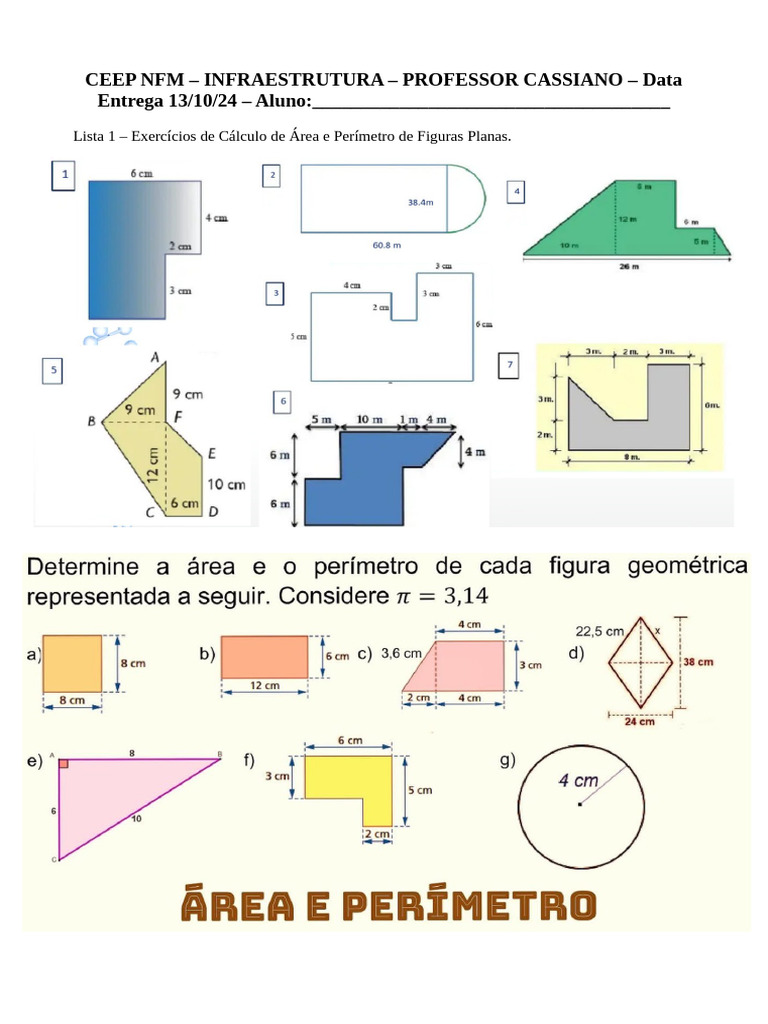 Lista 1 de Exercícios - Calculo de Área Figuras Planas | PDF