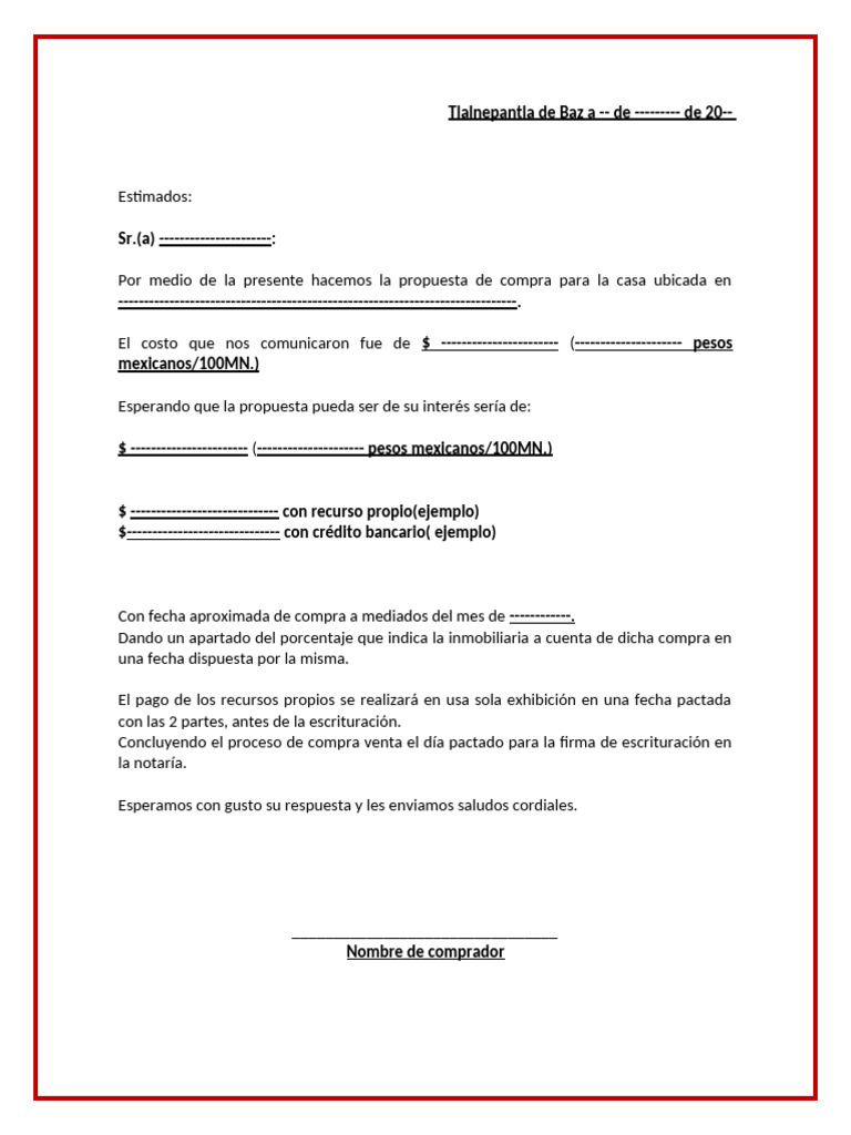 Formato Carta Propuesta Compra Venta Inmueble | PDF