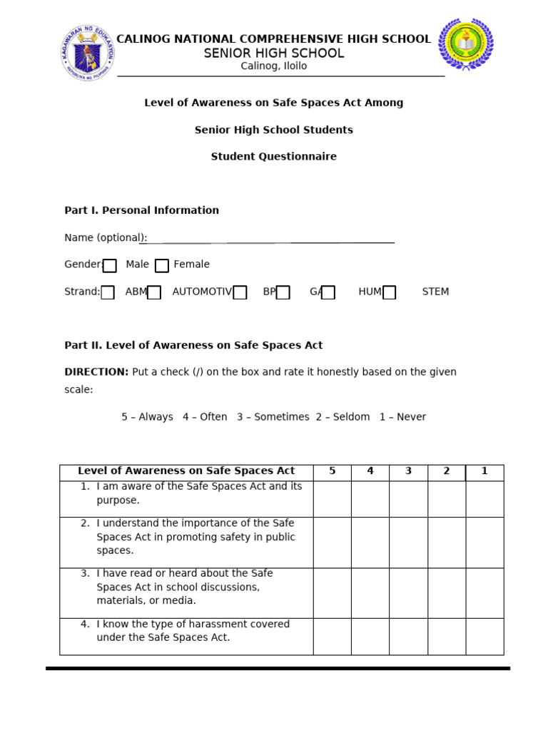 Safe Spaces Act Questionnaire | PDF