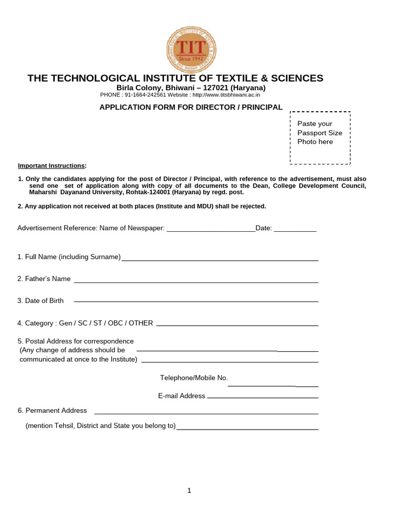 Application Form for Director/Principal | PDF | Doctor Of Philosophy