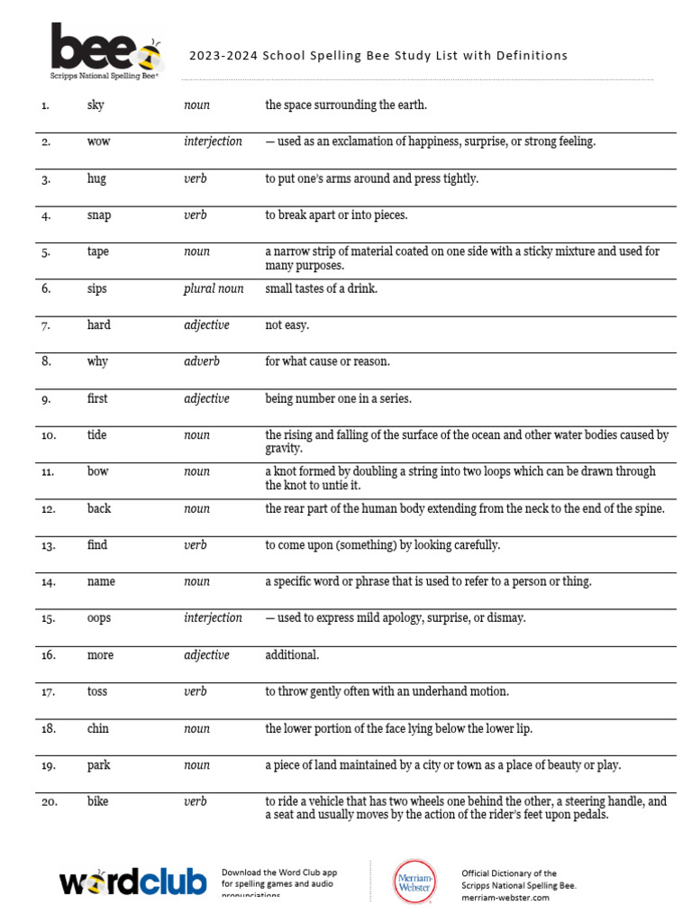 2024 School Spelling Bee Study List With Definitions | PDF
