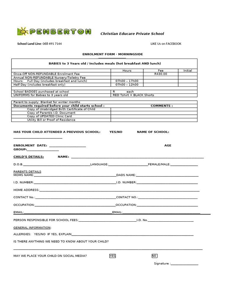 Babies - 3 Years Old Morningside Enrolment Form | PDF