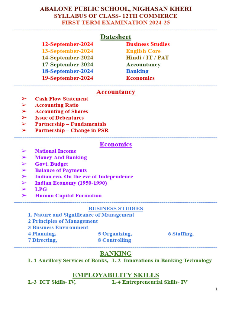12 Commerce, First Term Syllabus & Datesheet | PDF