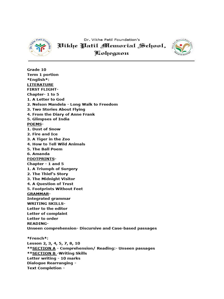 Grade 10 Term 1 Portion - 1 | PDF