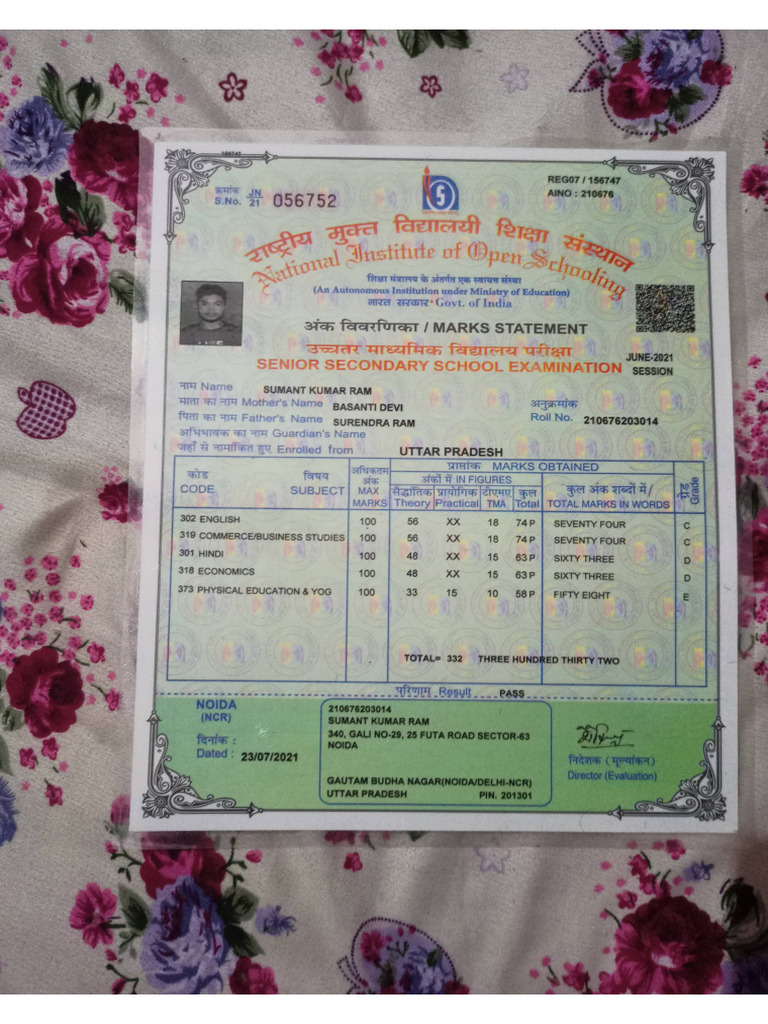 Sumant Kumar Class 12 Marksheet. | PDF