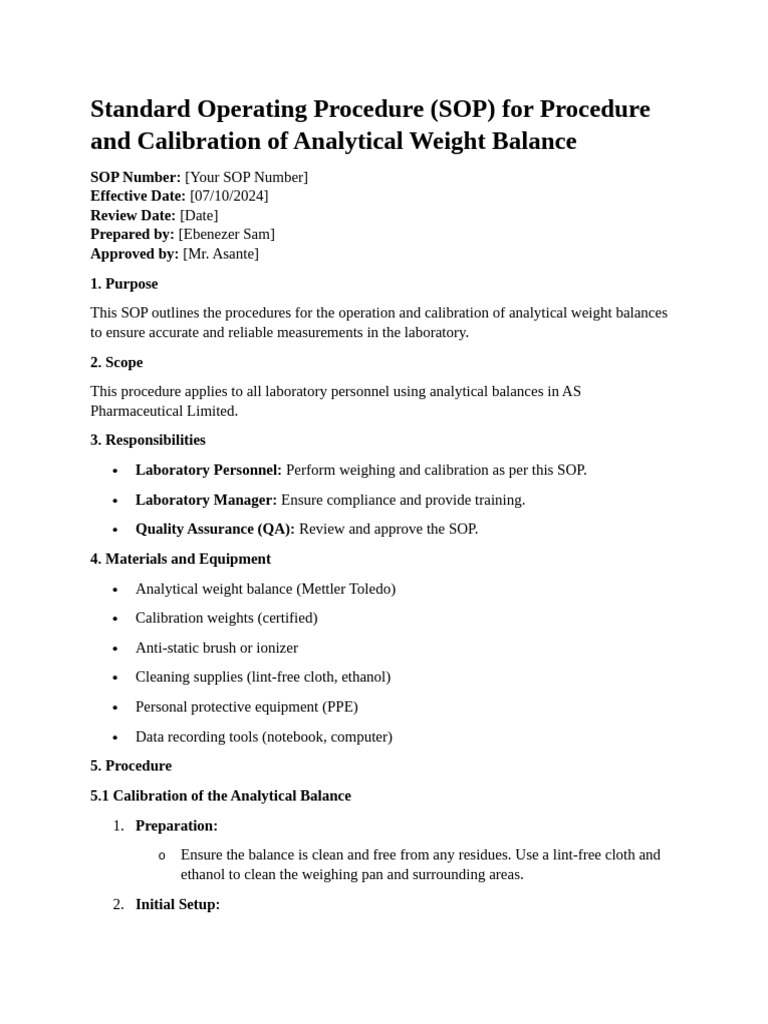 SOP for Analytical Weight Balance | PDF