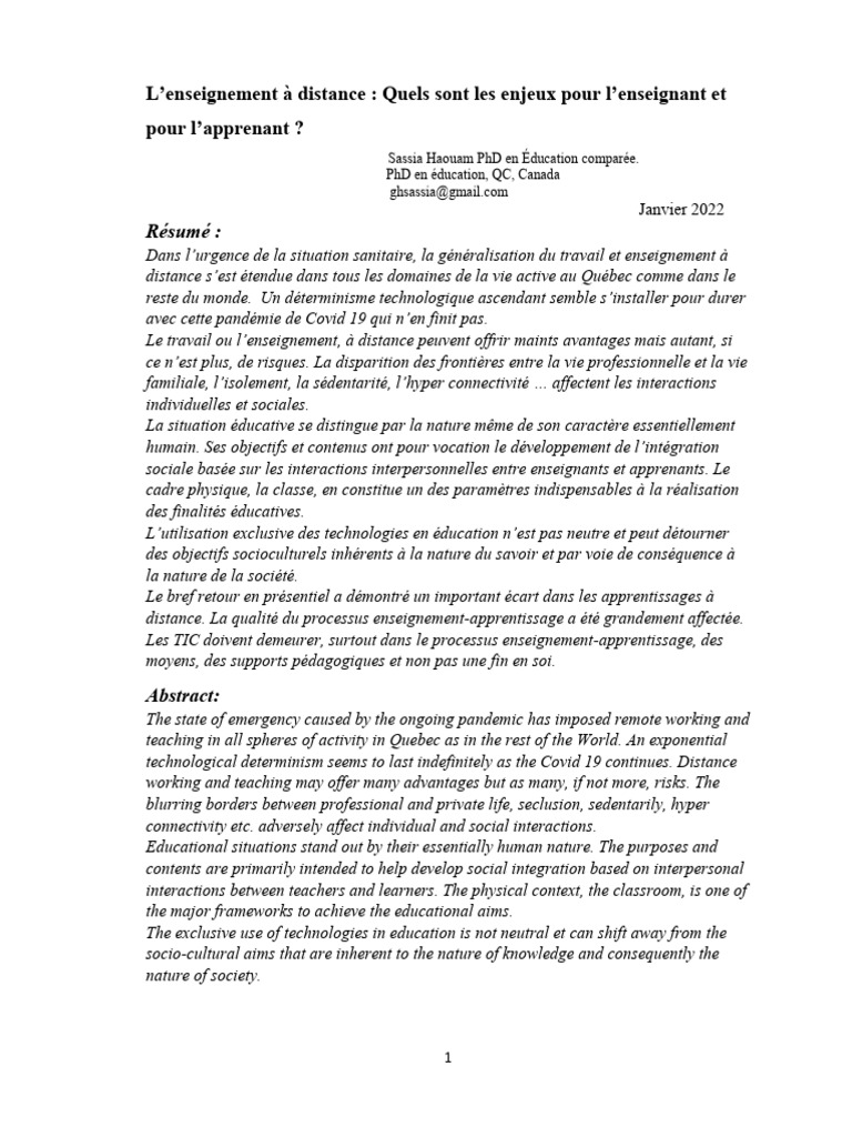 Lenseignement A Distance Quels Sont Les | PDF