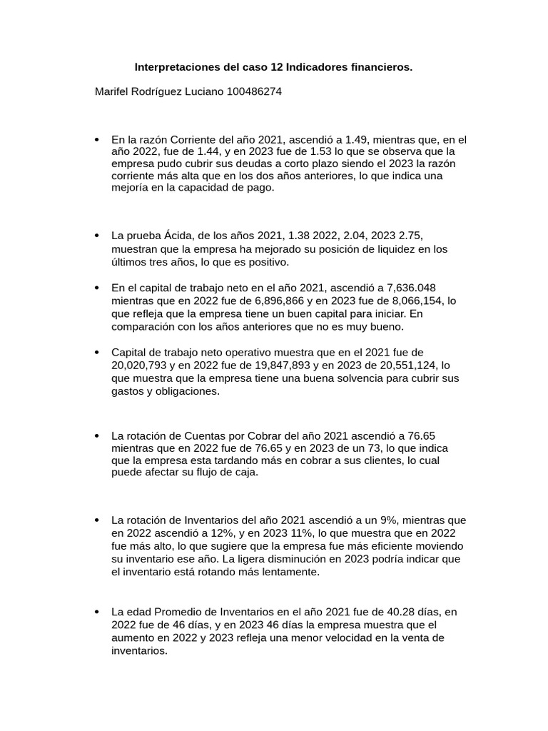 Interpretaciones del caso 12 Indicadores financieros Marifel Rodriguez Luciano 100486274 | PDF