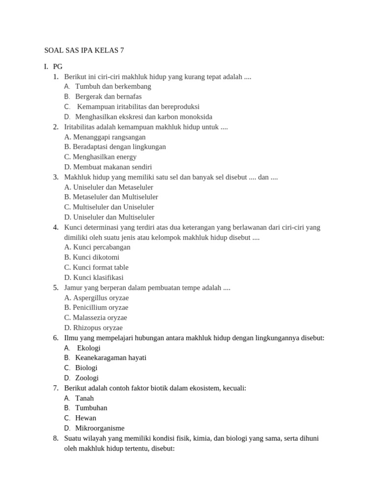 Soal Sas Ipa Kelas 7 | PDF
