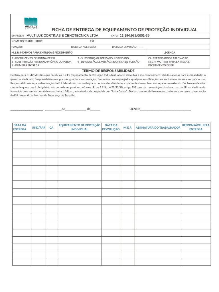 Modelo Entrega EPI | PDF