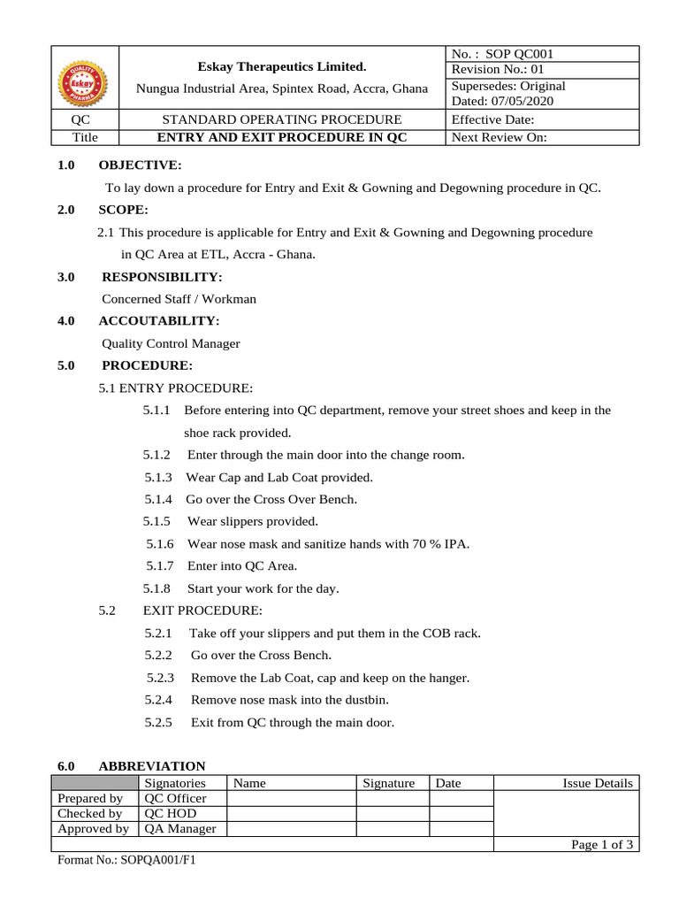 SOP QC001 Entry and Exist Procedure in QC | PDF