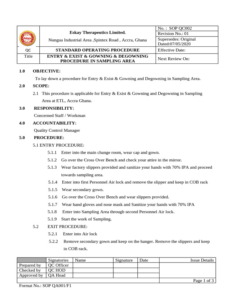 SOP QC002 Gowning & Degowning Procedure in Sampling Area ETL | PDF