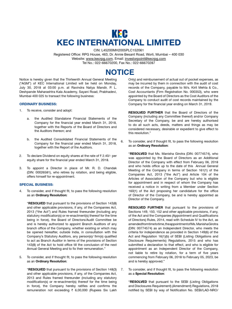 Notice 13th AGM Final | PDF