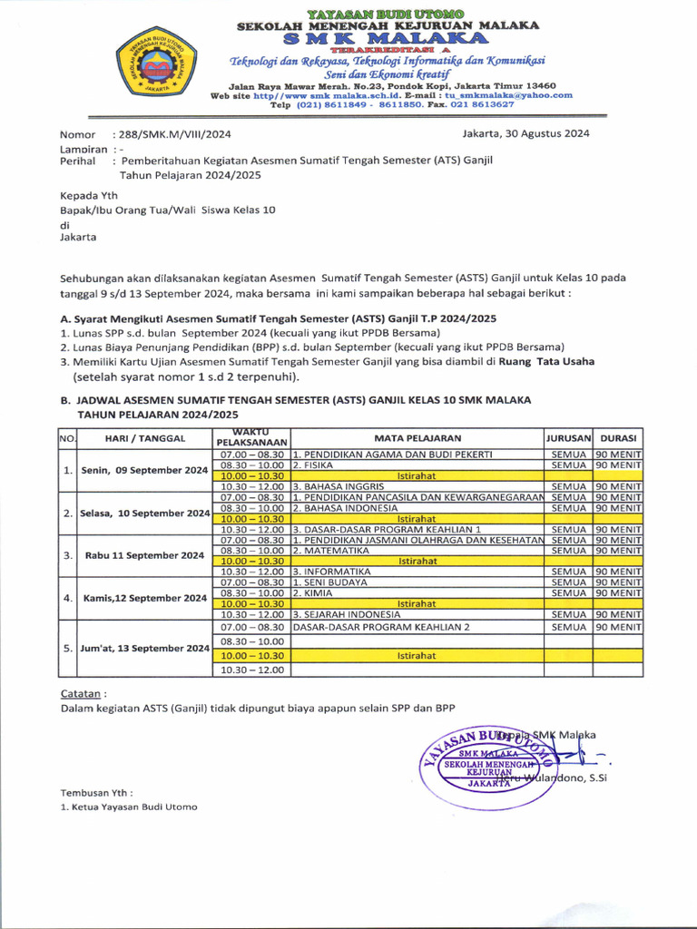 Edaran Ujian ASTS Kelas X 2024 - 2025 | PDF
