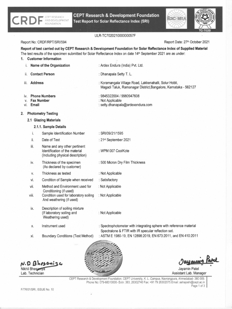 WPM007 Coolkote - Test Report - CEPT University Ahmedabad | PDF