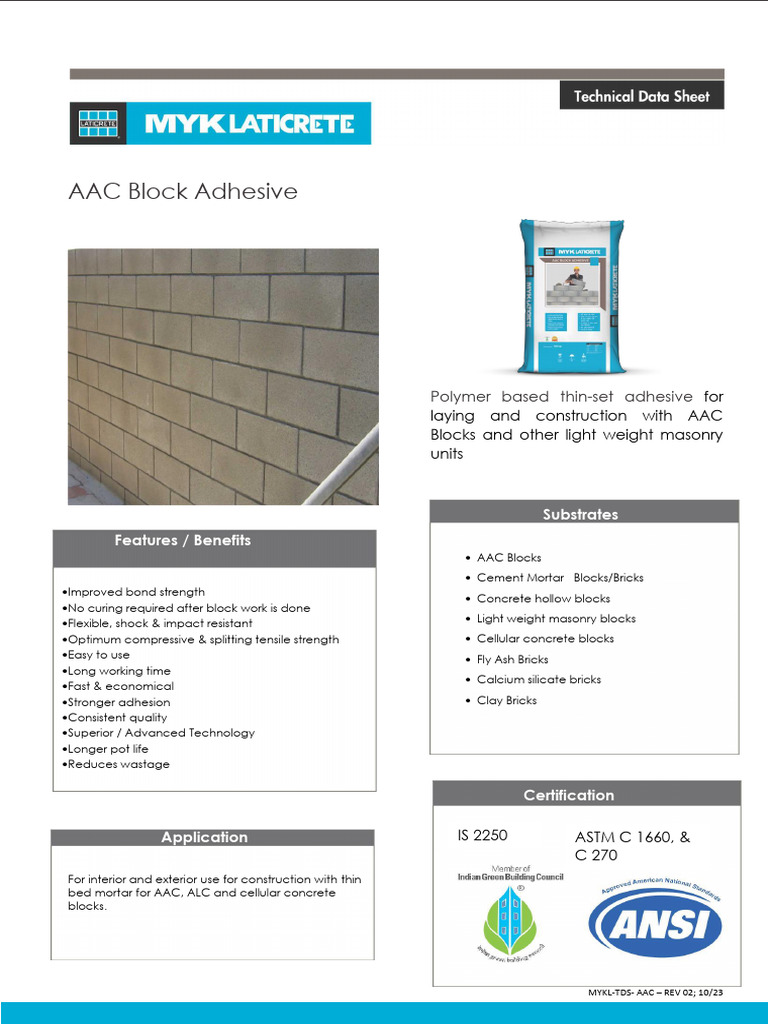 MYK AAC BLOCK ADHESIVE - Rev 02 - 13.10.2023 V2 | PDF | Concrete | Brick