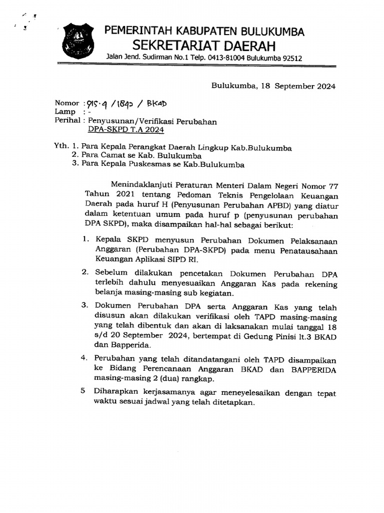 Penyusunan Verifikasi Perubahan Dpa-skpd t.a 2024 | PDF