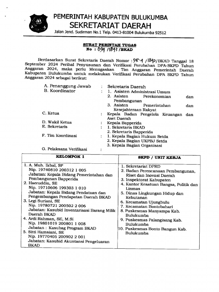 Surat Perintah Tugas Penyusunan Verifikasi Perubahan Dpa-Skpd T.A 2024 ...