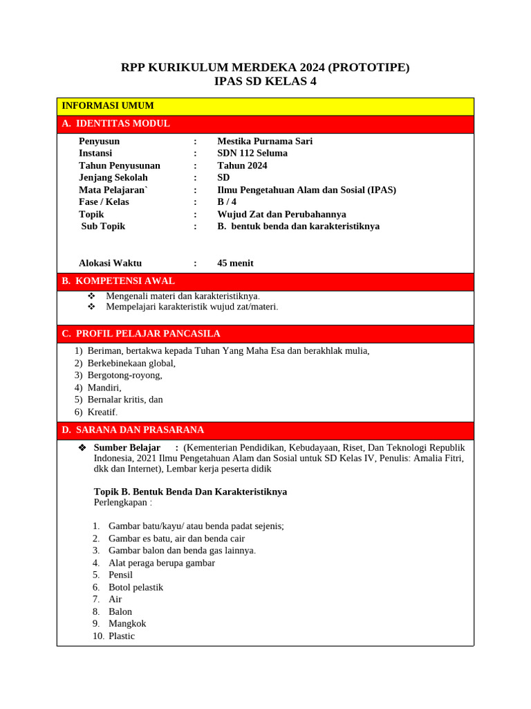 RPP KELAS IV Macam-Macam Wujud Benda Dan Perubahannya | PDF