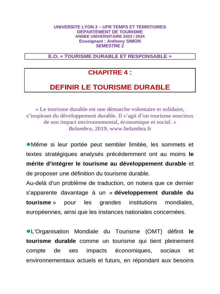 EO Tourisme Durable - Chapitre 4 Définir Le Tourisme Durable | PDF