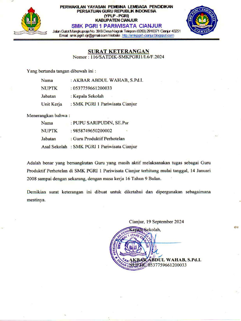 SURAT KETERANGAN AKTIF MENGAJAR PUPU SARIPUDIN, SE - Par | PDF