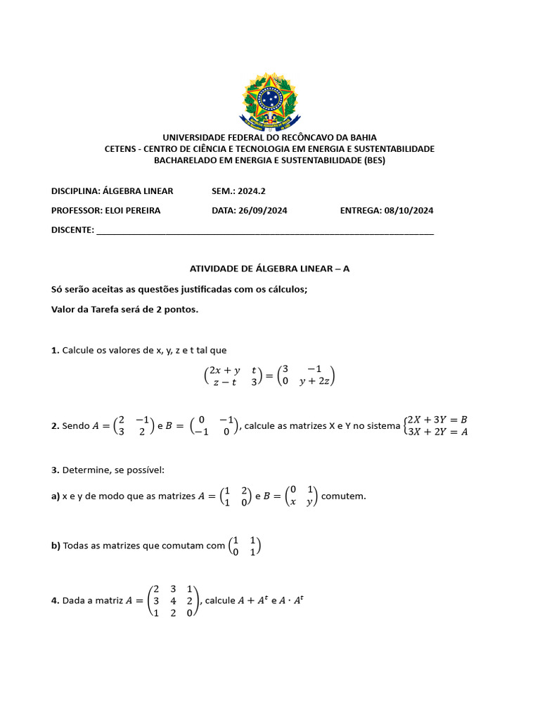 Atividade de Álgebra Linear | PDF | Matriz (Matemática) | Métodos e Materiais de Ensino