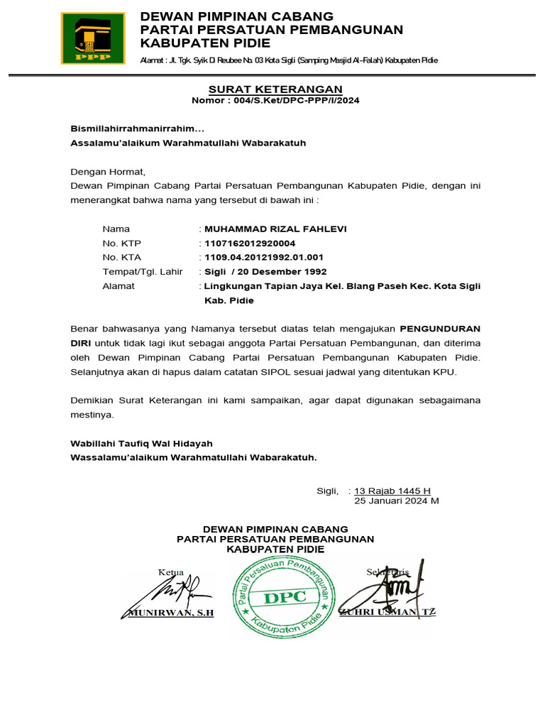 Surat Non Partai Muhammad Rizal Fahlevi | PDF