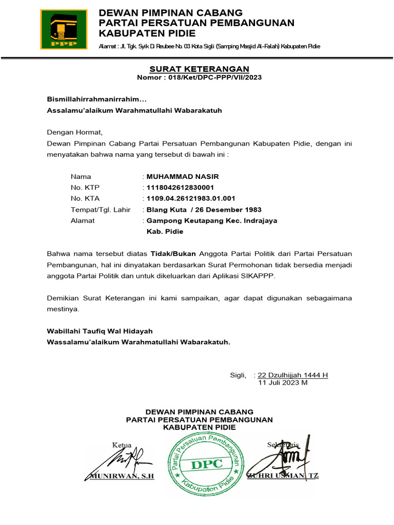 Surat Non Partai Muhammad Nasir | PDF