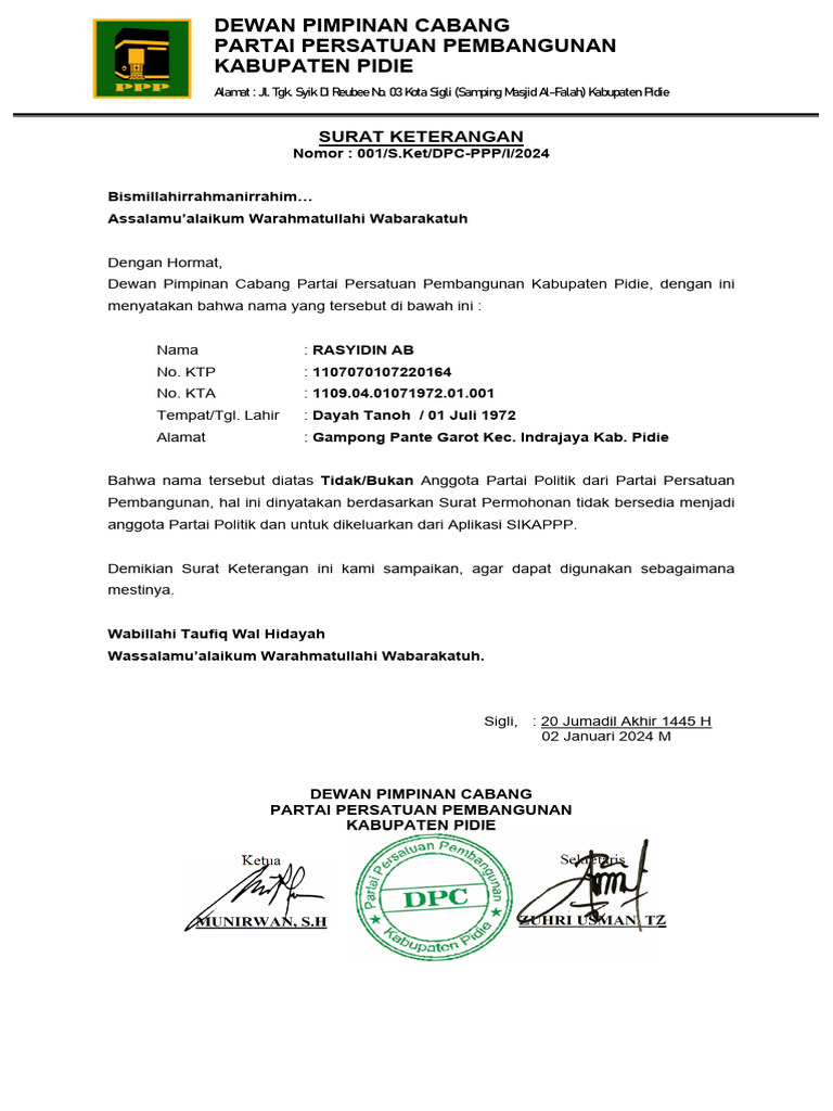 Surat Non Partai Rasyidin AB | PDF