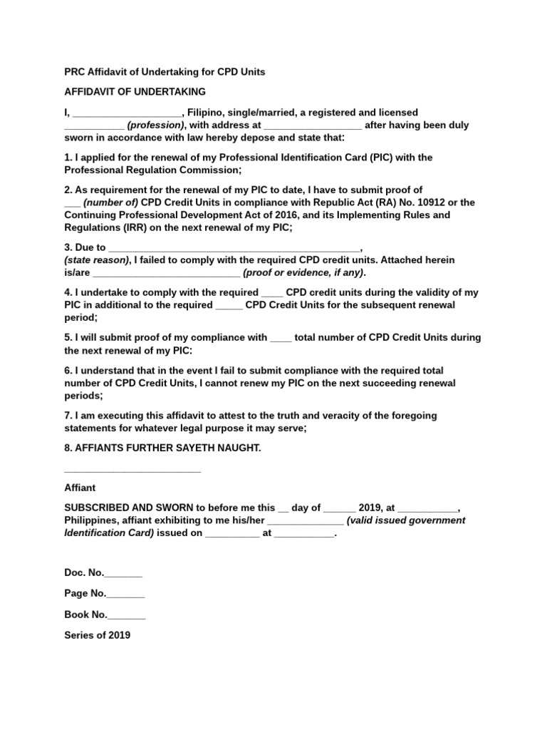 PRC Affidavit of Undertaking For CPD Units | PDF
