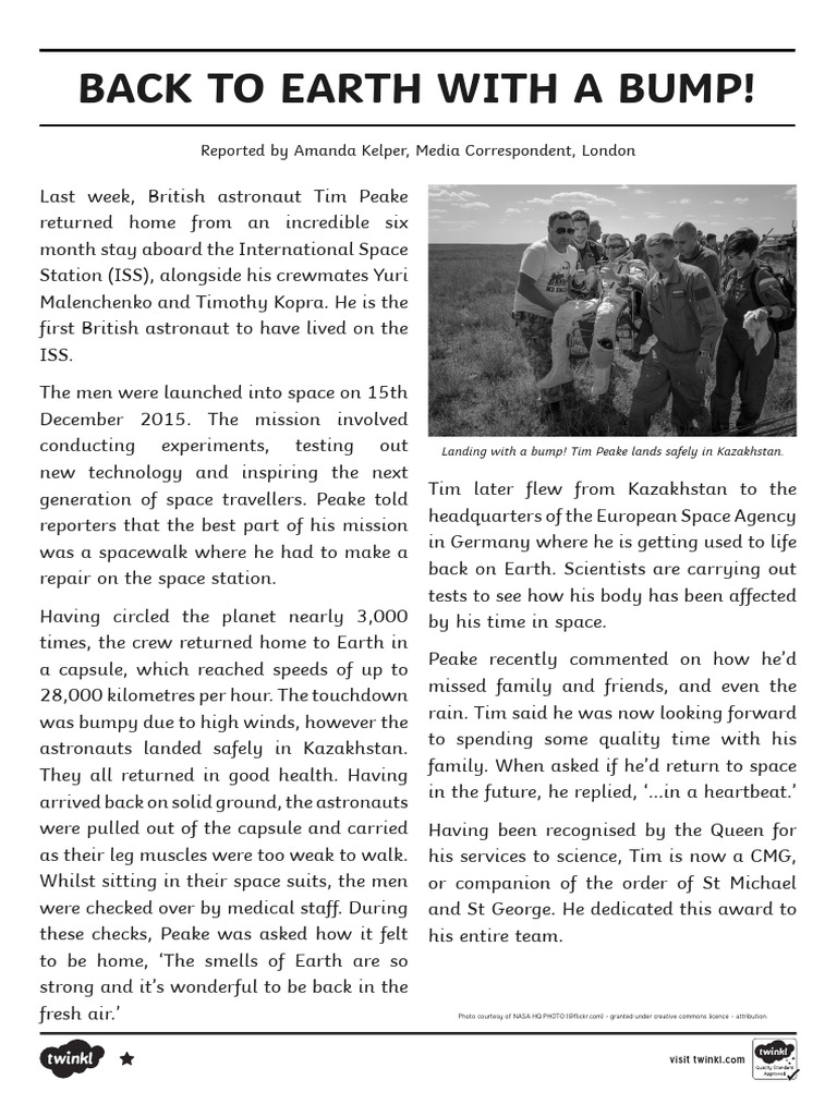 Back To Earth Newspaper Report Differentiated Reading Comprehension ...
