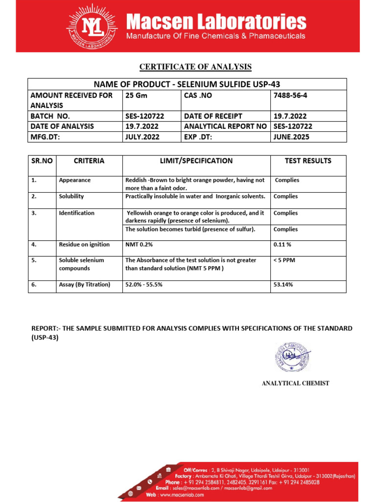 Coa - Selenium Sulfide Usp-43-1 | PDF