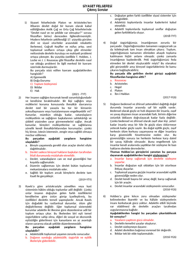 8.siyaset Felsefesi Cikmis Sorular | PDF