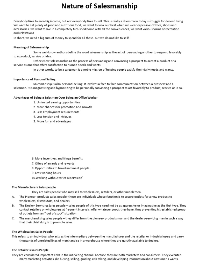 Week 1 - Module 1 Nature of Salesmanship | PDF