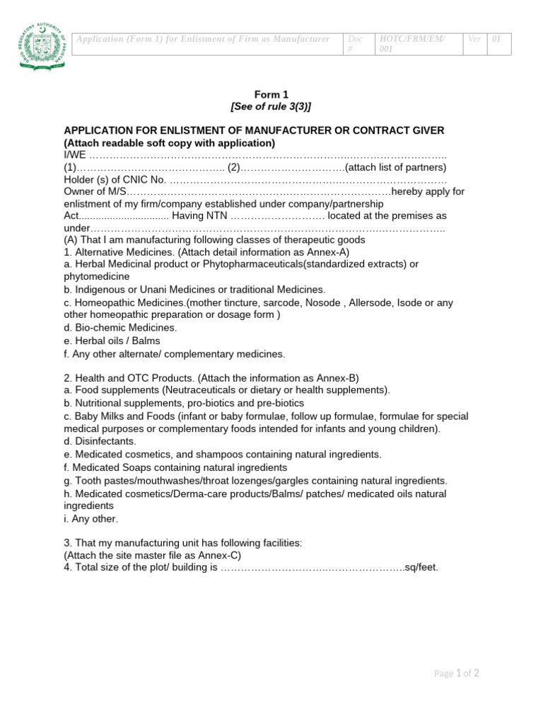 Manufacturer Enlistment Application Form | PDF | Infant Formula ...