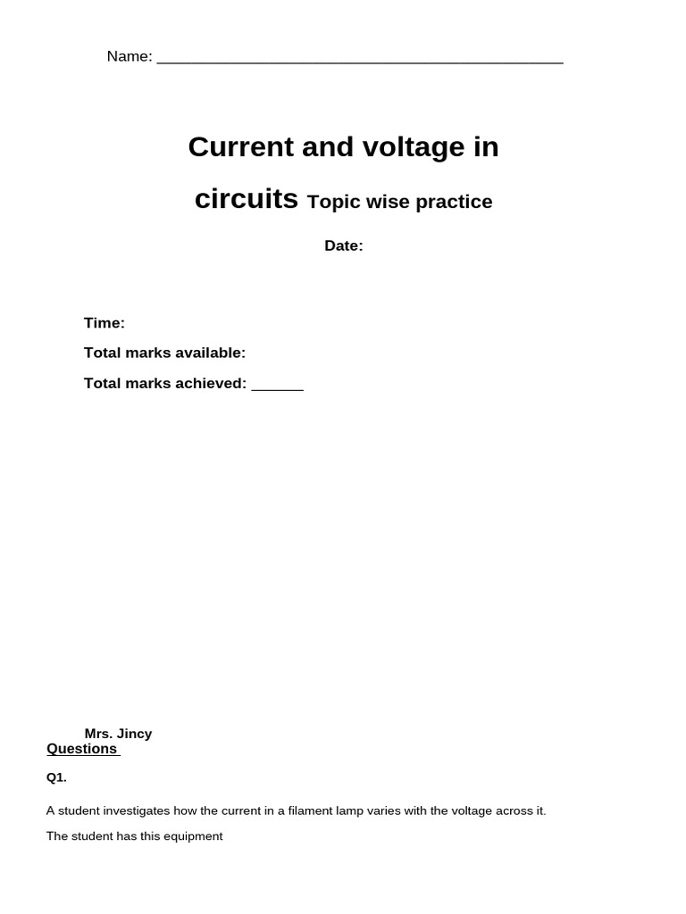 Current and Voltage in Circuits-Topicwise practice-QP | PDF