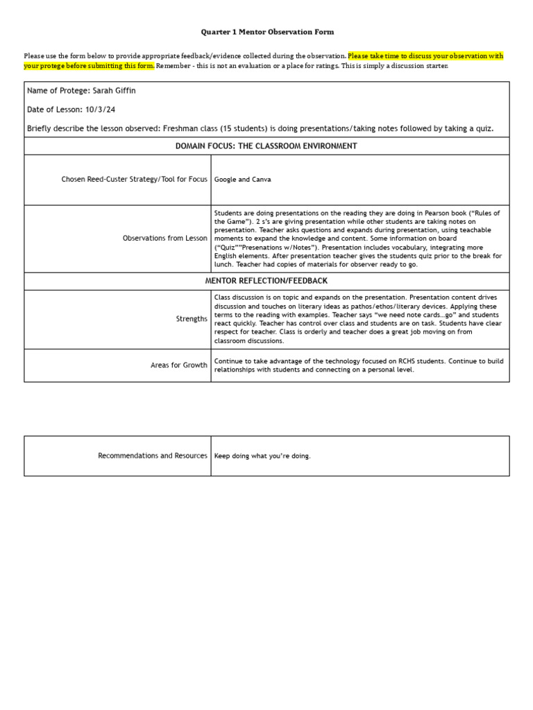 Andy Gleixner - Q1 Mentor Observation Form (V) | PDF