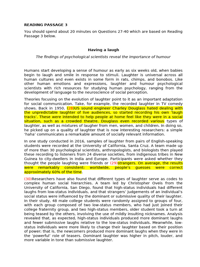 READING PASSAGE 3 Having A Laugh | PDF