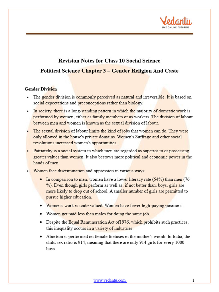 Gender Religion and Caste Class 10 Notes CBSE Civics Chapter 3 PDF | PDF