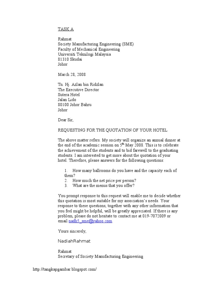Requesting For The Quotation of Your Hotel | PDF