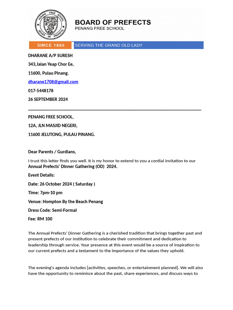 OD DINNER PENANG FREE SCHOOL 2024 (1) Consent Form | PDF