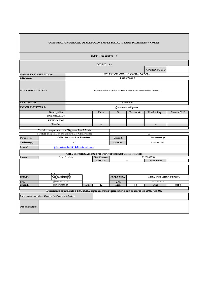 Formato Cuenta de Cobro Corporación CODES | PDF