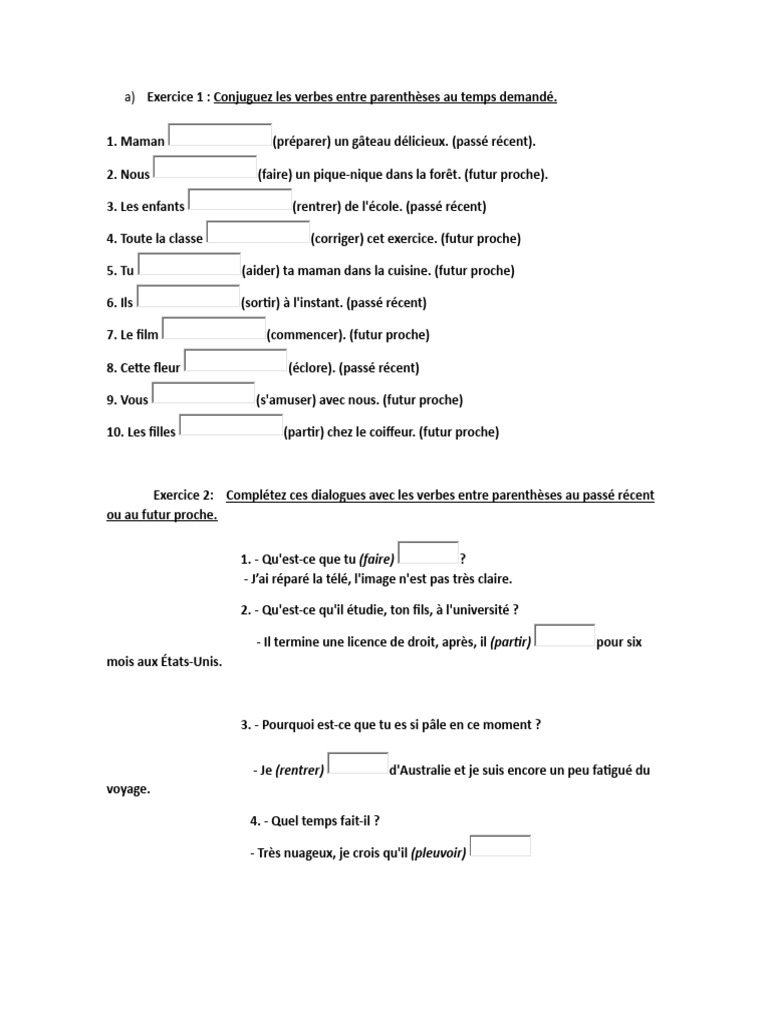 Exercices Futur Proche Passe Recent | PDF
